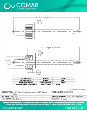 7×89 Glass Dropper Assembly, 20-400, Rubber Bulb - Comar